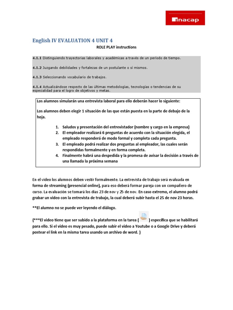 English IV EVALUACIÓN 4 UNIT 4 NSTRUCCIONES | PDF