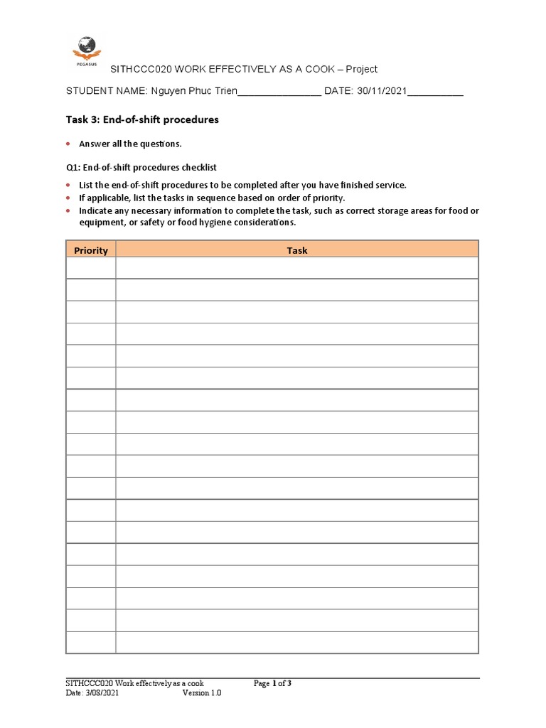 Task 3 End-Of-shift Procedures (3100) | PDF
