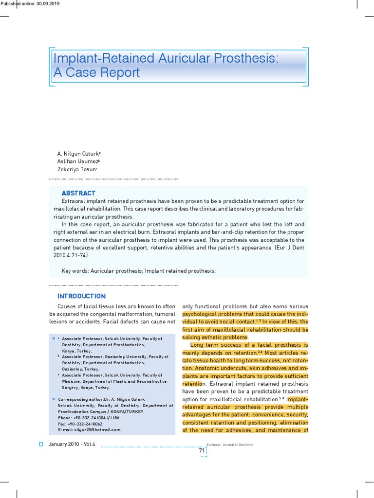 Implant-Retained Auricular Prosthesis: A Case Report: January 2010 ...