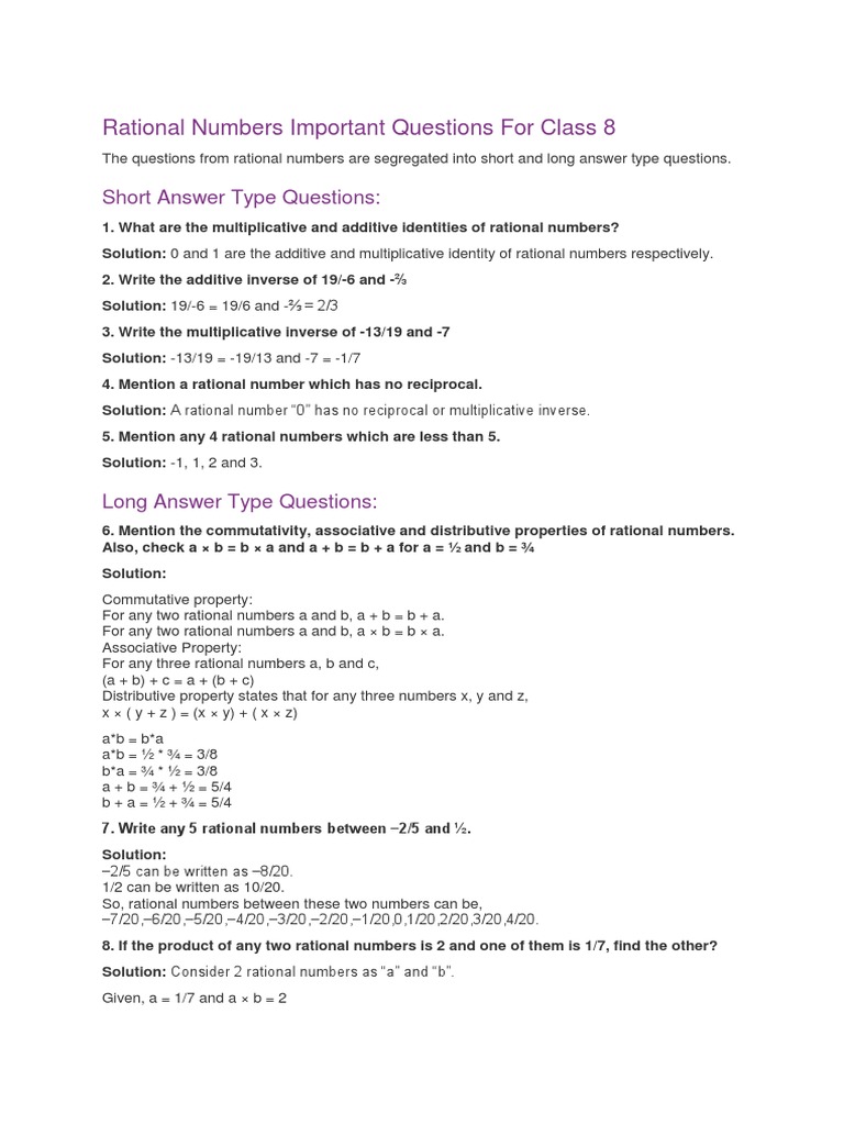 Rational Numbers Important Questions For Class 8: Short Answer Type ...