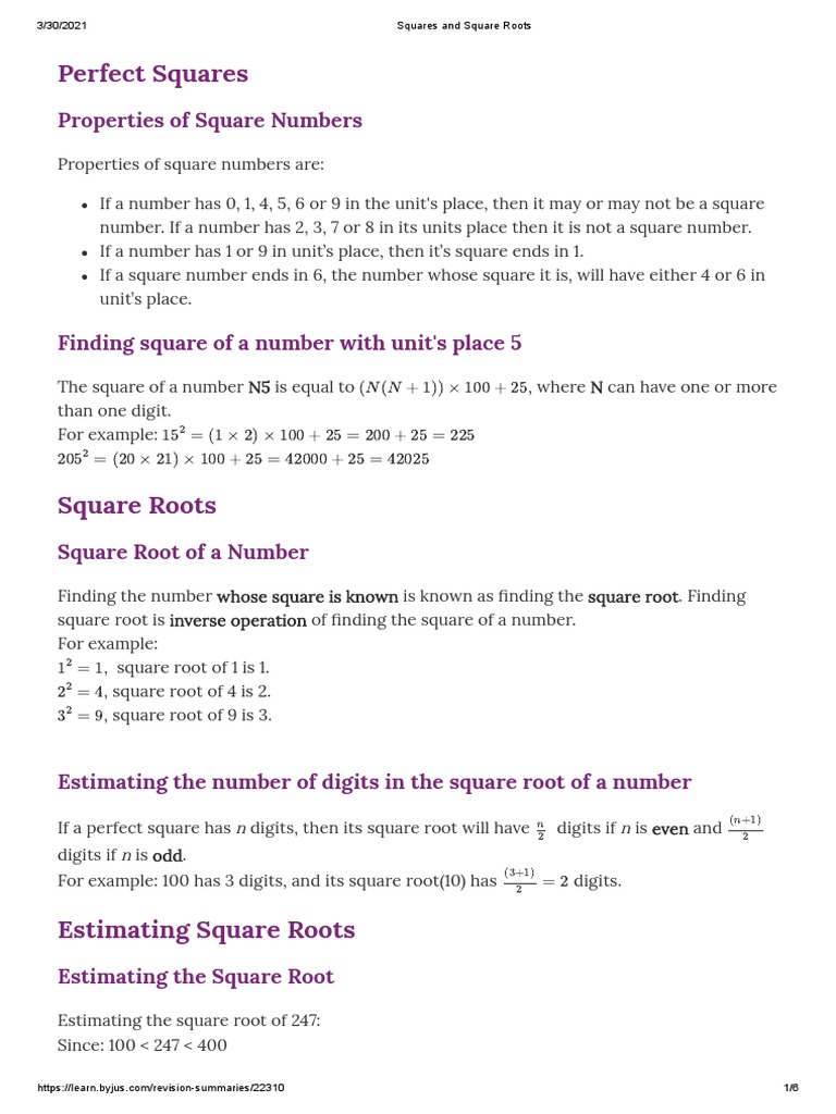 Squares and Square Roots | PDF | Summation | Numbers