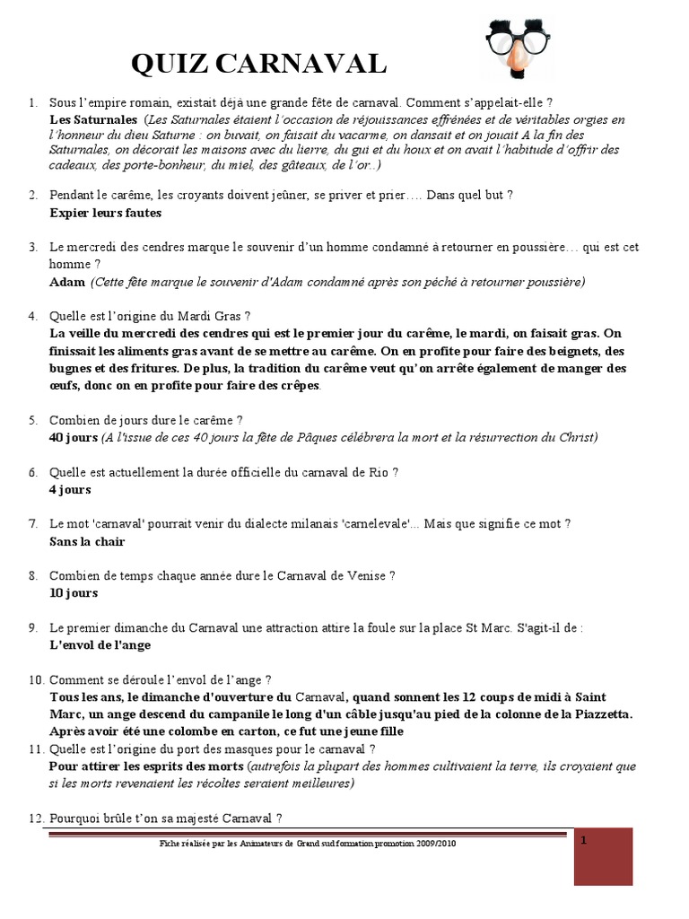 Quiz Carnaval | PDF | Carême | Carnaval