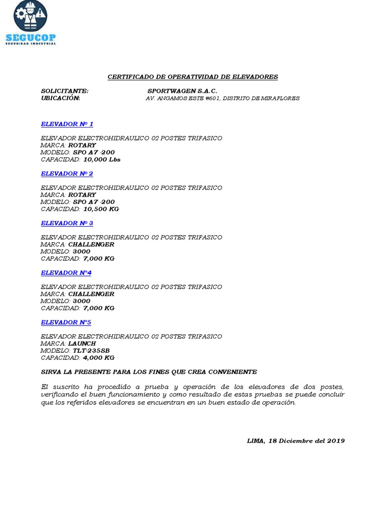 Certificado Elevadores | PDF