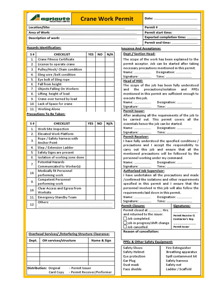 Crane Work Permit: Permit Receiver & Contractor's Rep. Permit Issuer ...