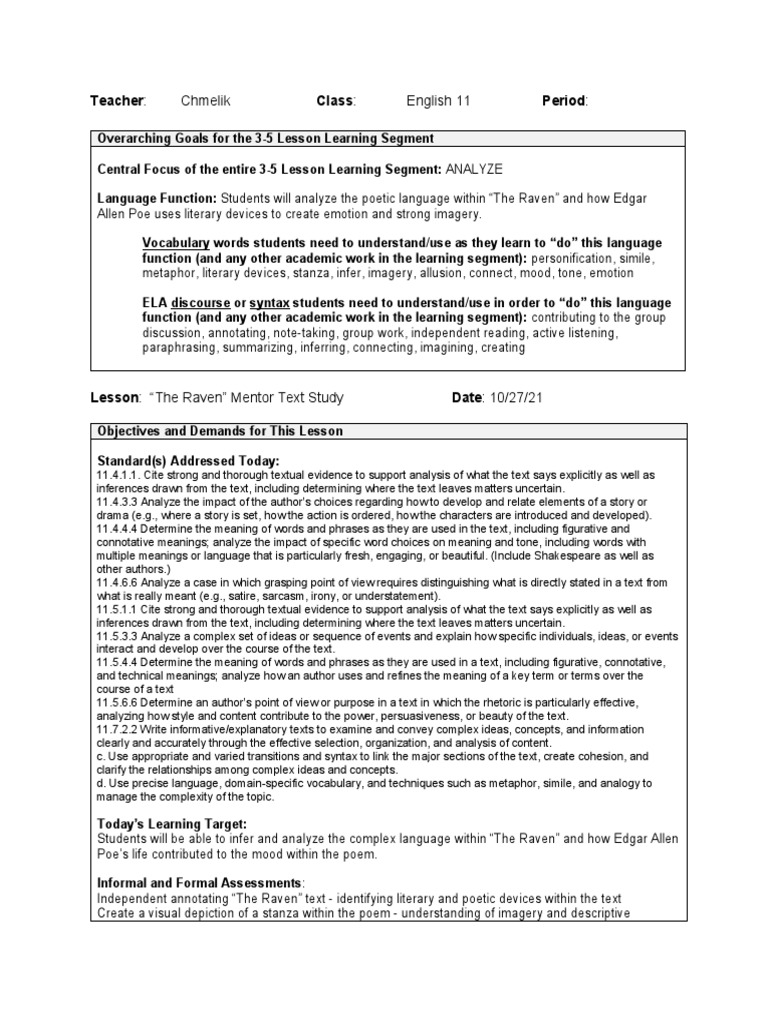 The Raven Annotation Lesson | PDF | The Raven | Poetry