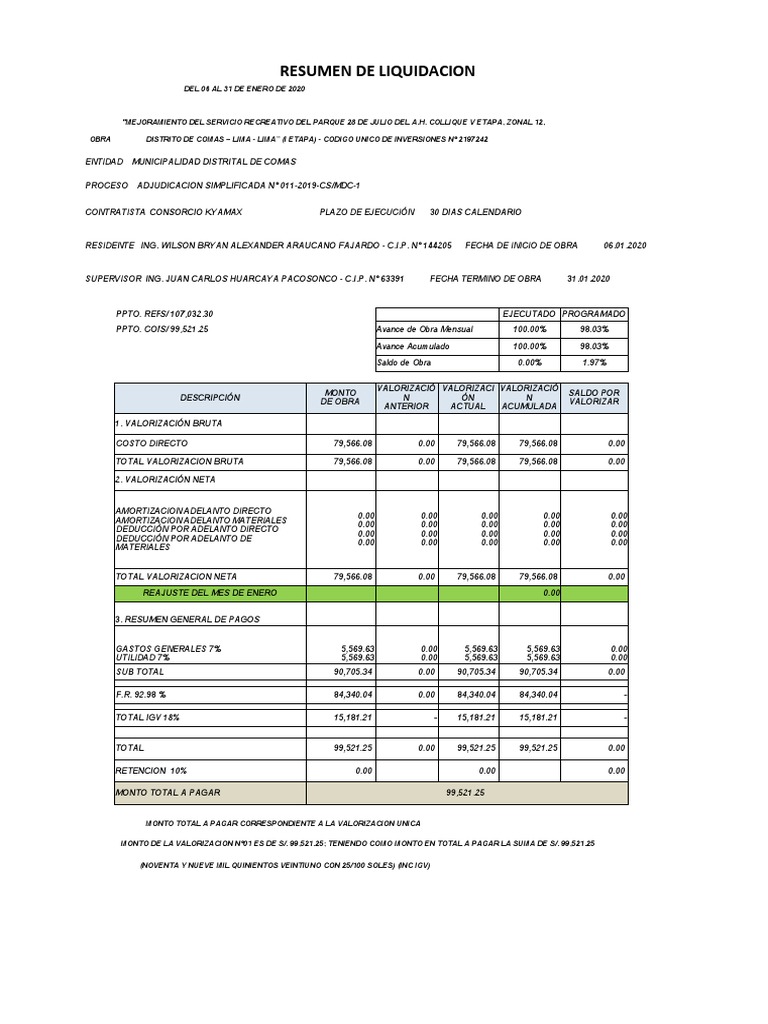 Resumen de Valorizacion | PDF
