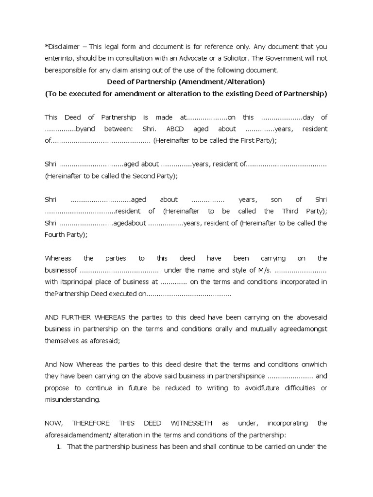 Deed of Partnership Amendment Alteration | PDF | Partnership ...