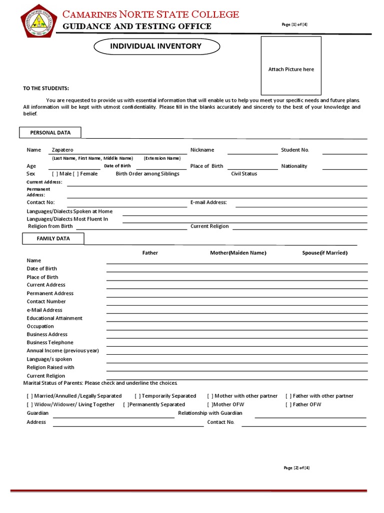 Guidance and Testing Office Individual Inventory: To The Students | PDF