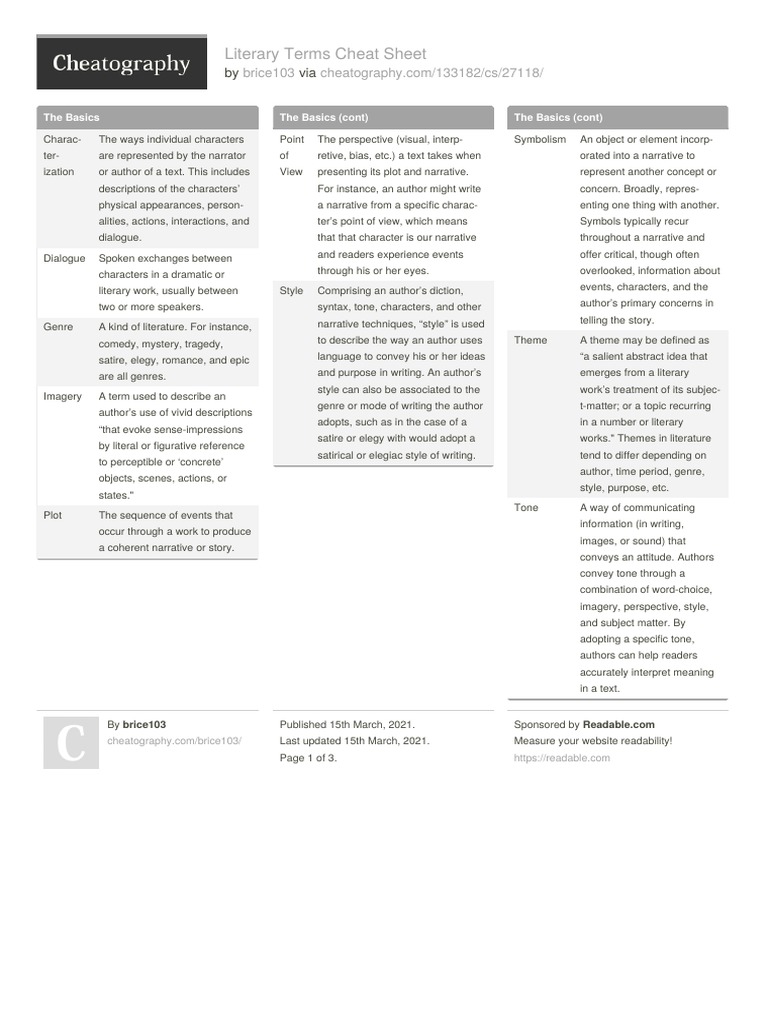 Literary Terms Cheat Sheet: by Via | Download Free PDF | Narrative | Genre