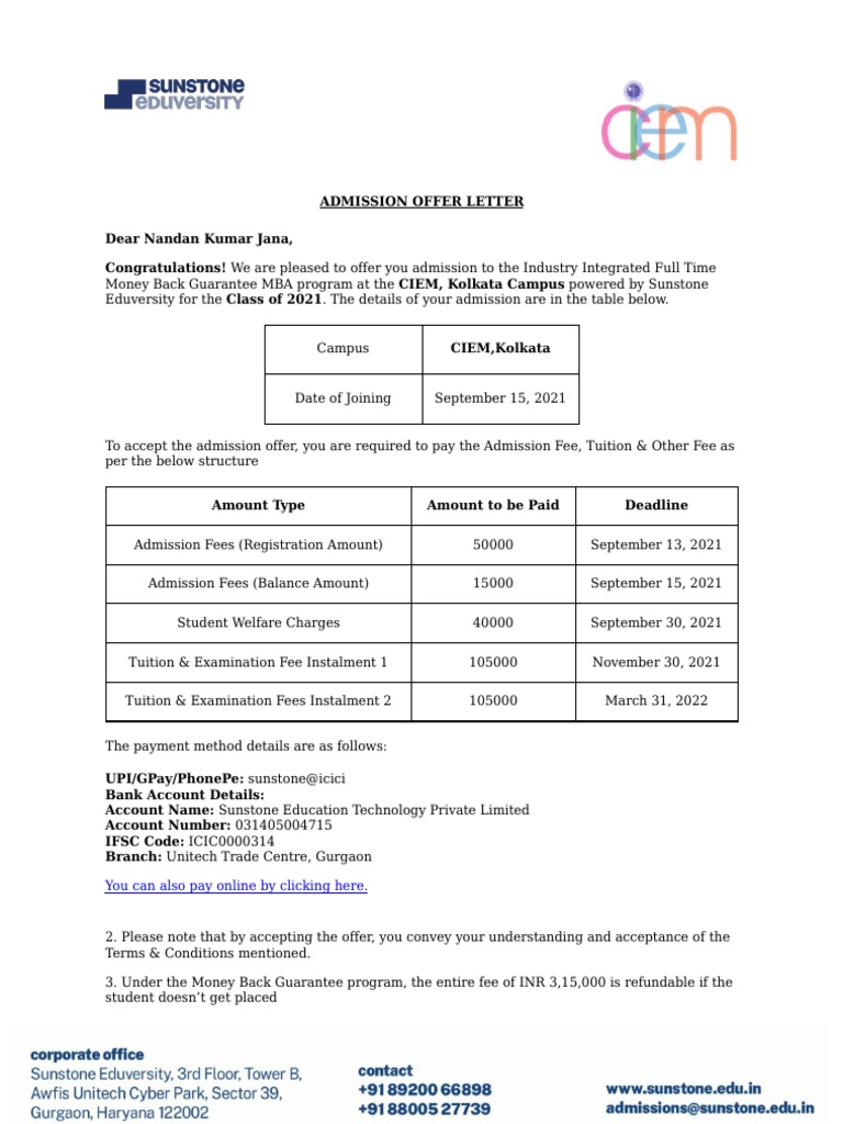 Nandan Kumar Jana Offer Letter | PDF | Fee | Tuition Payments