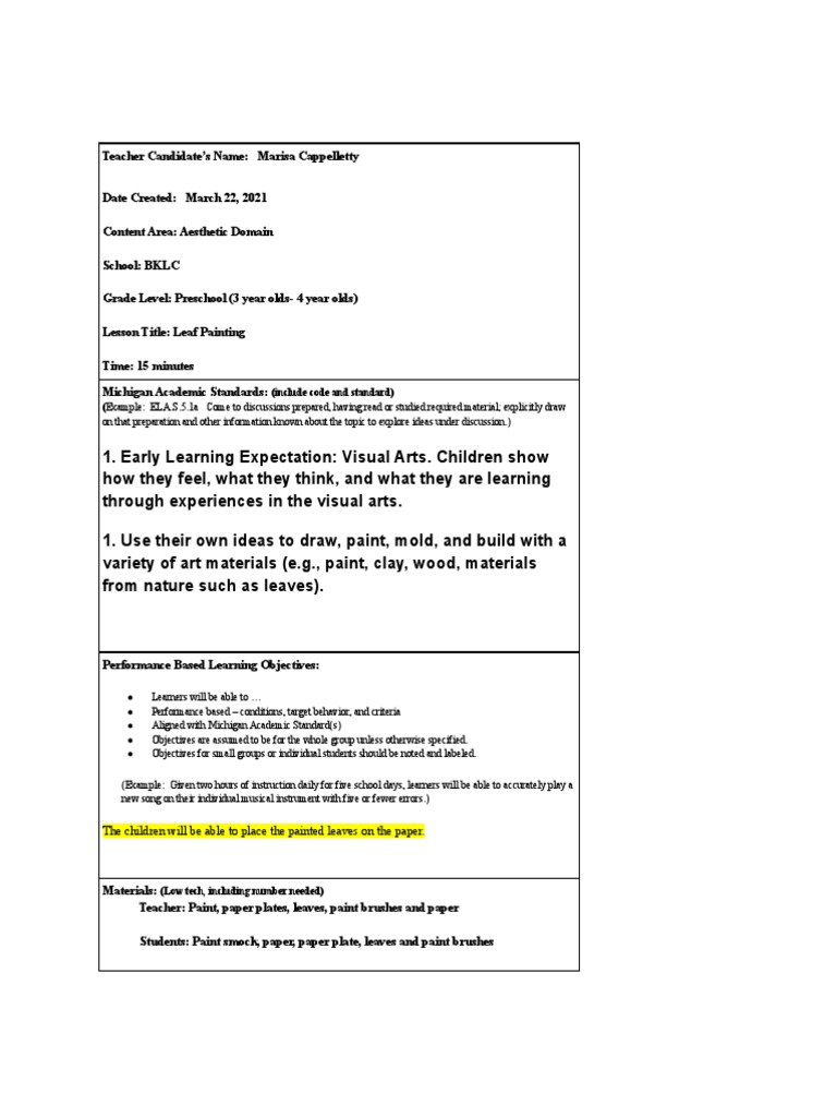 Aesthetic Domain Lesson Plan | PDF | Teachers | Pedagogy