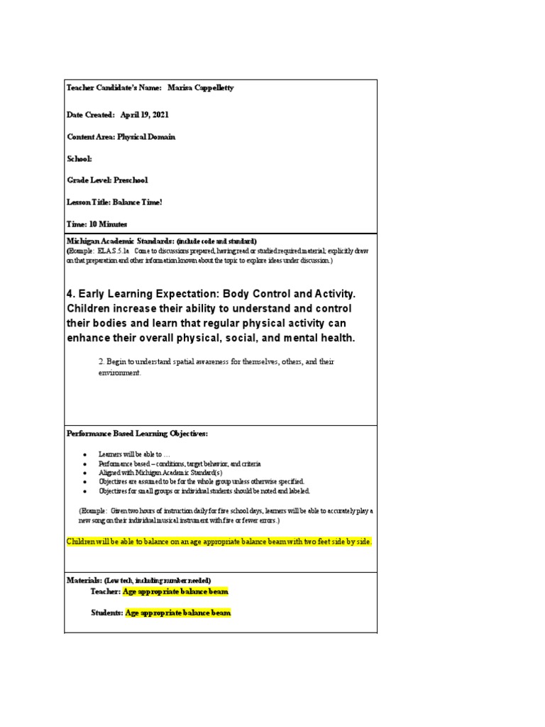 Physical Domain Lesson Plan | PDF | Teachers | Applied Psychology