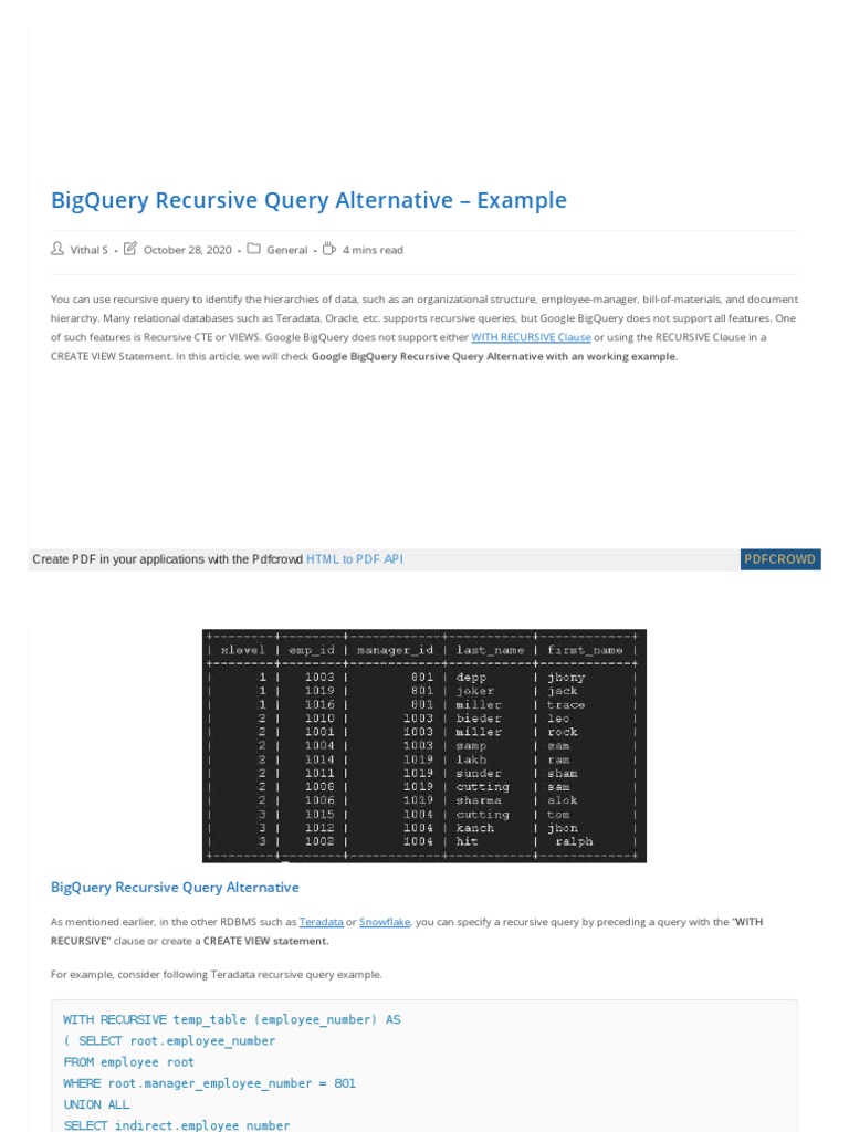 Dwgeek Com Bigquery Recursive Query Alternative Example HTML | PDF | Data Management | Data