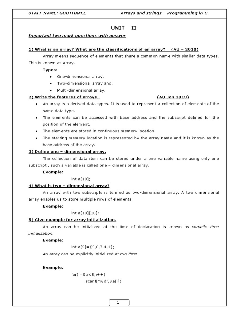 Unit - Ii: Important Two Mark Questions With Answer | PDF | Array Data Structure | Parameter ...