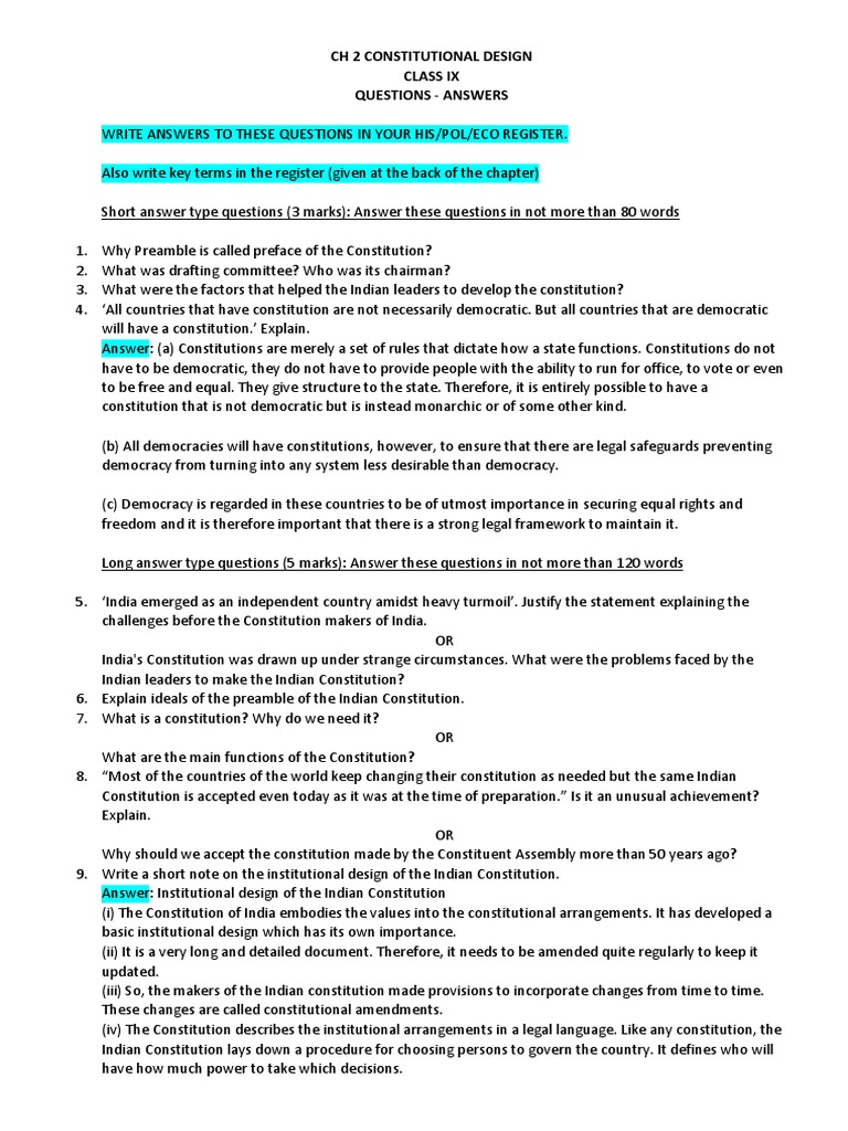 CH 2 Constitutional Design Class Ix Questions - Answers | PDF ...