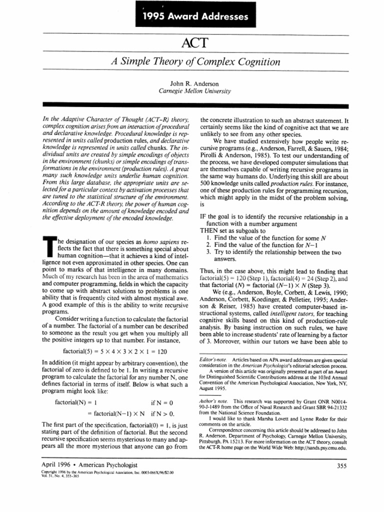 ANDERSON. A Simple Theory of Complex Cognition | PDF