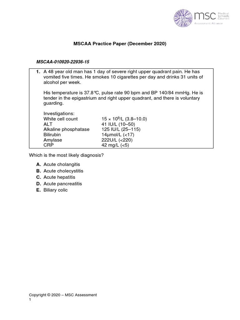 MSCAA - Practice Paper (Dec 2020) 1 | PDF | Heart | Kidney