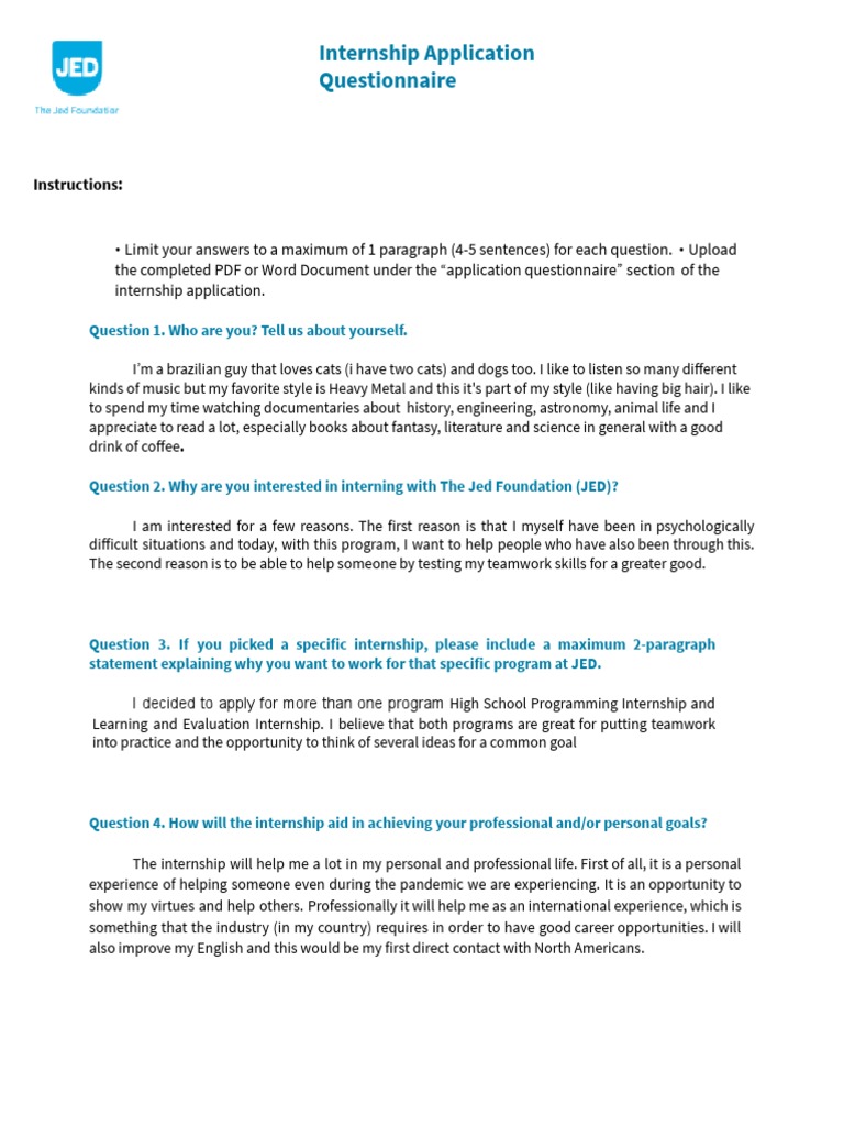 Internship Questionnaire | PDF | Question | Reason