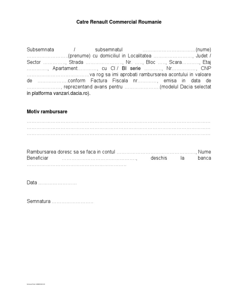 Model Cerere Restituire Avans | PDF