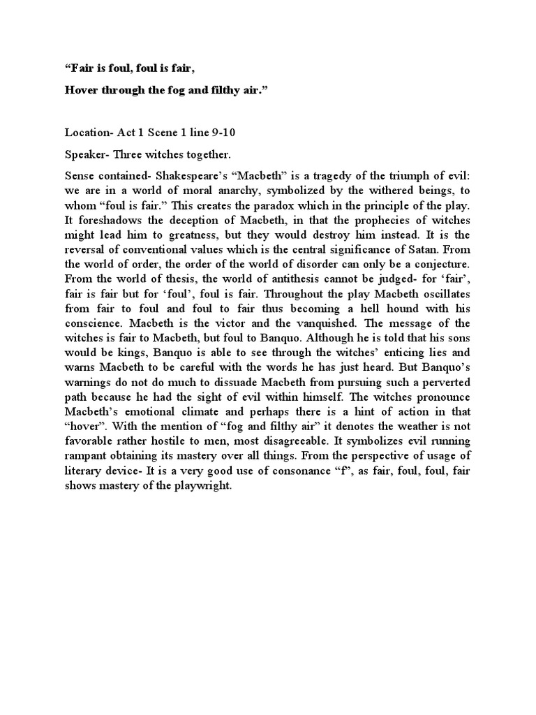 Fair Is Foul, Foul Is Fair, Hover Through The Fog and Filthy Air. | PDF ...