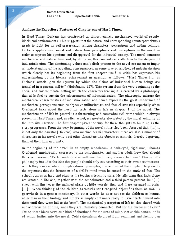 Analyze The Expository Features of Chapter One of Hard Times | PDF