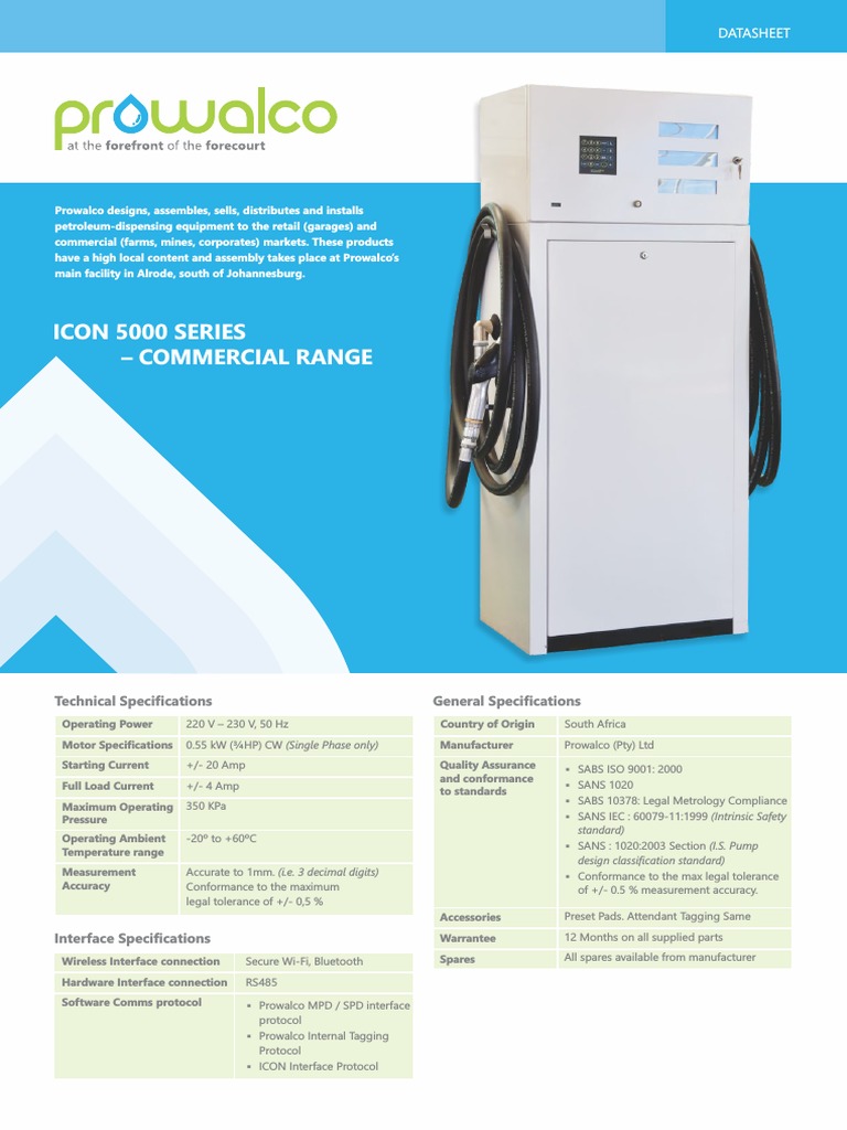 Prowalco ICON 5000 Fuel Dispenser Datasheet | PDF | Pump | Flow Measurement