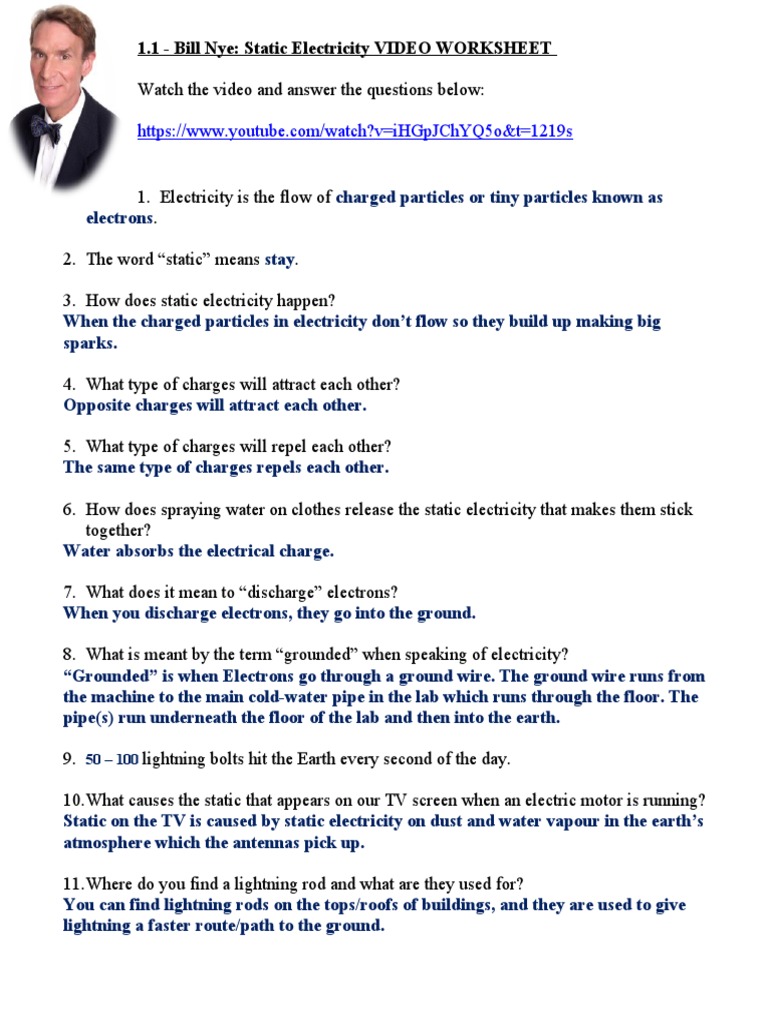 1.1 - Bill Nye: Static Electricity Video Worksheet | PDF
