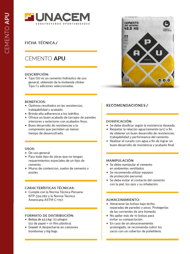 Ficha Tecnica Cemento Apu | PDF | Cemento | Ingeniero civil Ficha Tecnica Cemento Apu | PDF | Cemento | Ingeniero civil