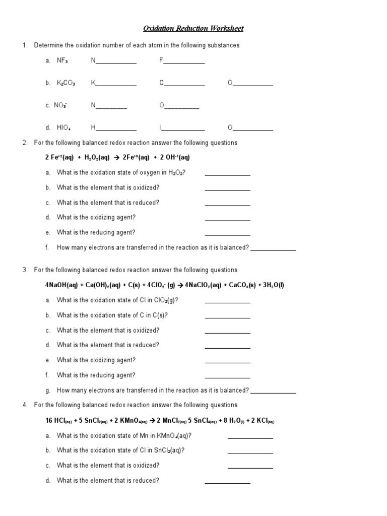 Oxidation Reduction Worksheet | PDF | Redox | Chemical Reactions