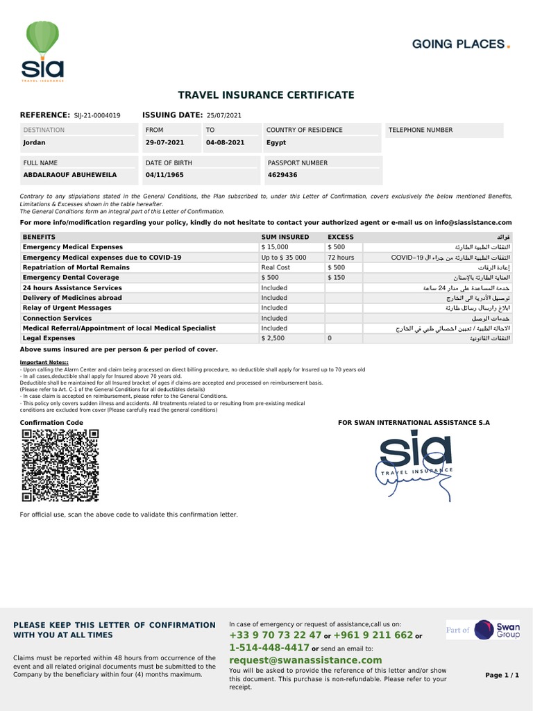 Travel Insurance Certificate: Reference: Issuing Date | PDF ...