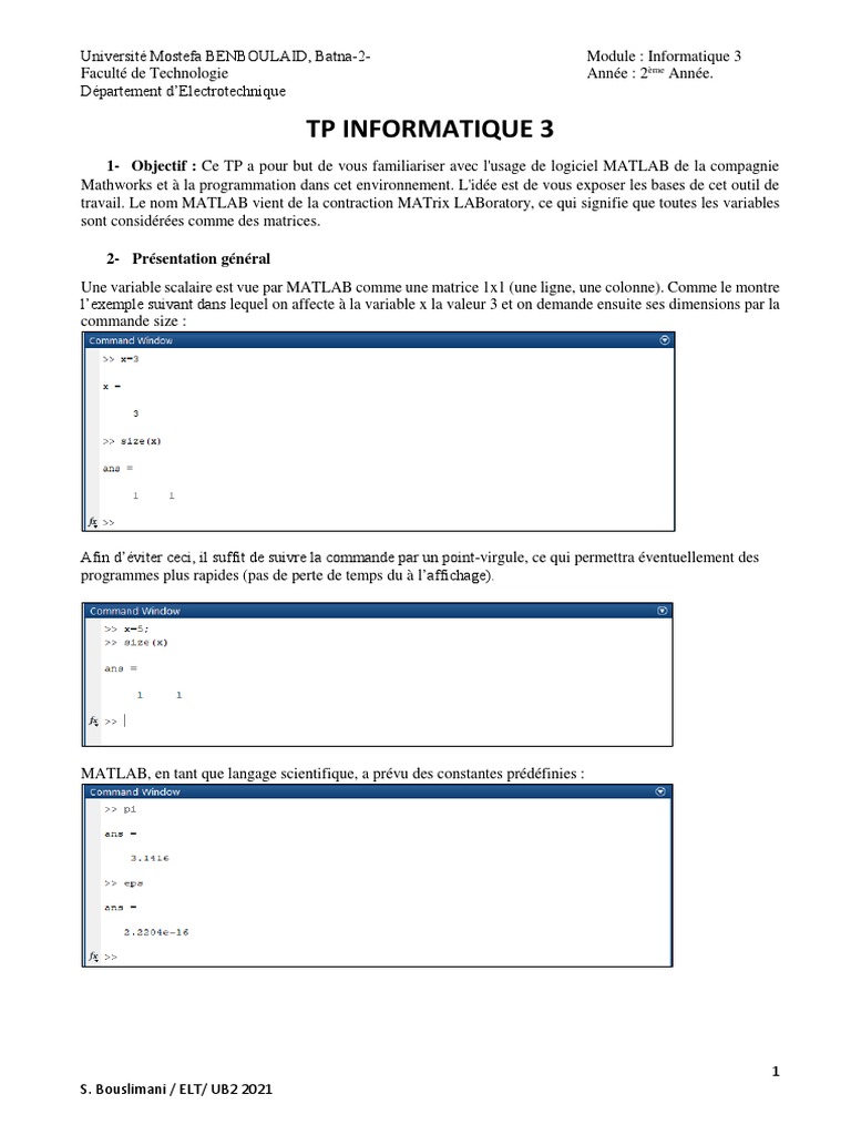 TP Informatique 3 Filieres Elm Elt | PDF | MATLAB | Matrice (Mathématiques)
