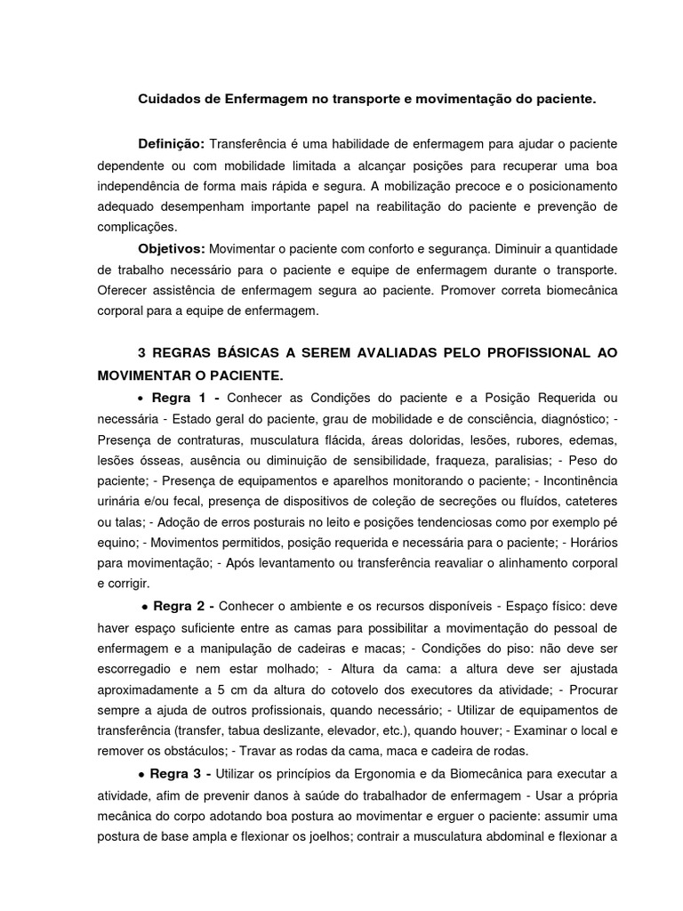 Cuidados de Enfermagem No Transporte e Movimentação Do Paciente | PDF ...