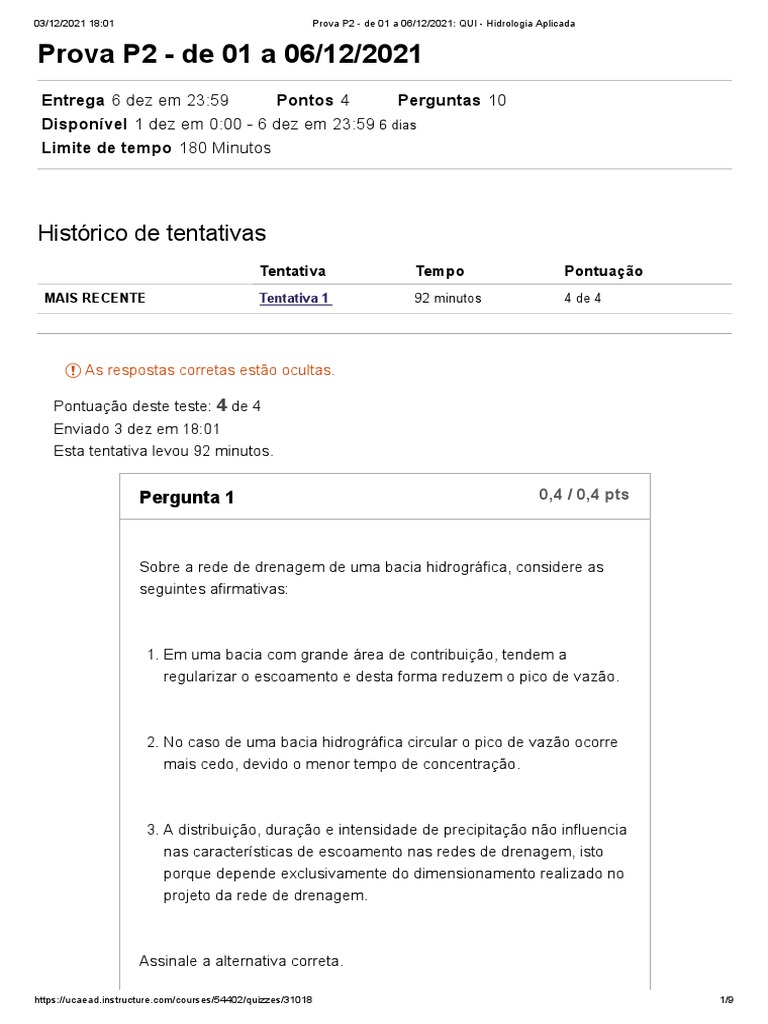 Prova P2 - de 01 A 06 - 12 - 2021 - QUI - Hidrologia Aplicada | PDF | Bacia hidrográfica ...