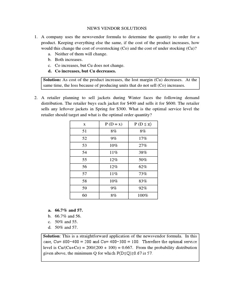 Newsvendor Model Answers | PDF | Sanofi | Demand