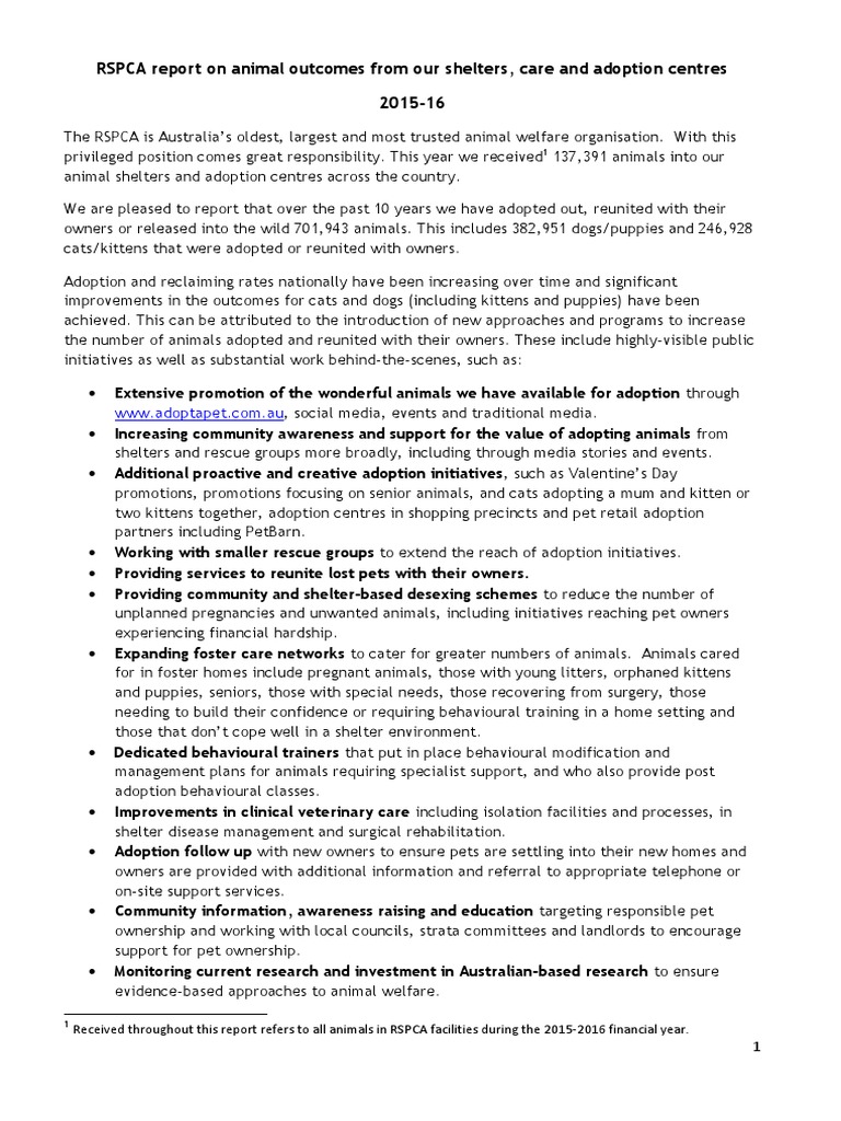 RSPCA Report On Animal Outcomes 2015-2016 | PDF | Pet | Animals And Humans