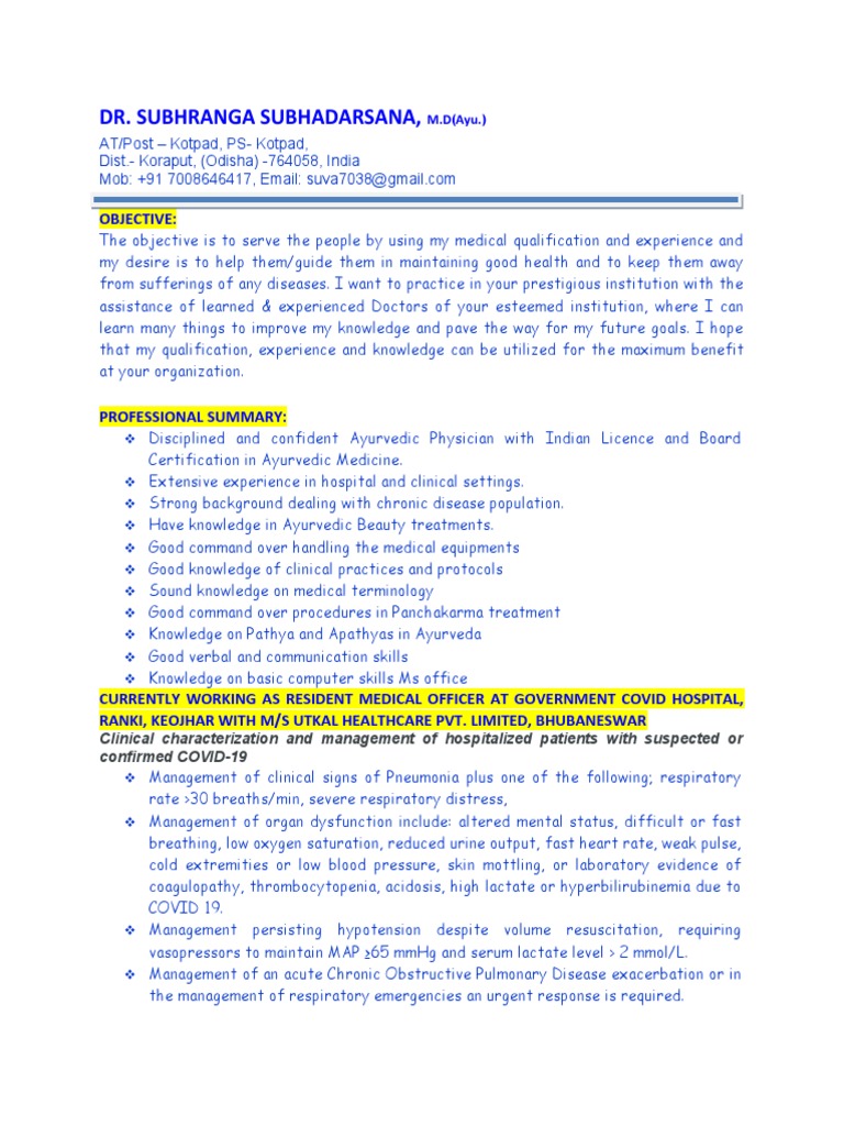 Resume of DR Subharang Jee | PDF | Physician | Ayurveda