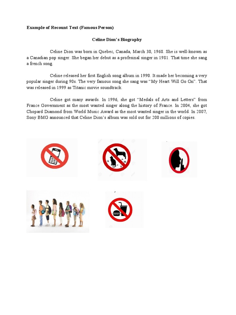 Example of Recount Text (Famous Person) Celine Dion's Biography | PDF