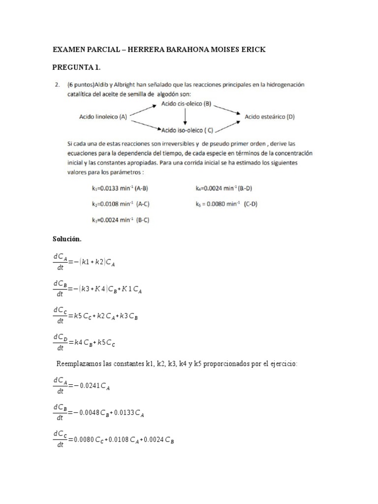 Examen Parcial - Diseño de Reactores | PDF | Álgebra | Álgebra lineal
