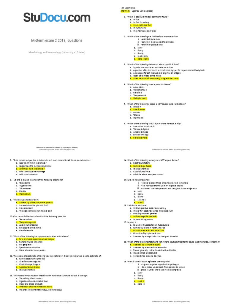 Midterm Exam 2 2018, Questions | PDF | Infection | Bacteria