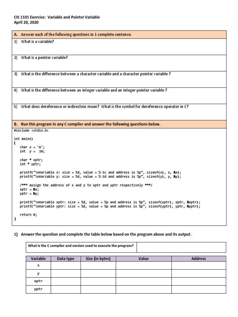 Cis 1101 Exercise On Pointers Pdf Pointer Computer Programming Variable Computer Science 9840