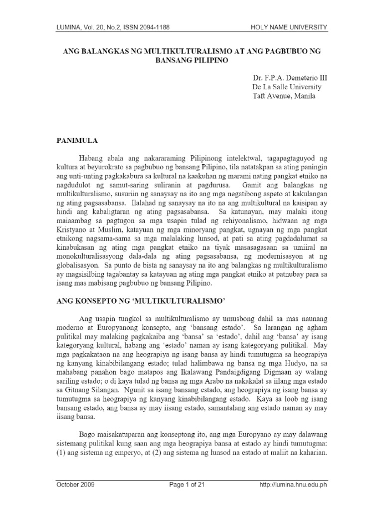 Philippine EJournals - Ang Balangkas NG Multikulturalismo at Ang Pagbubuo NG Bansang Pilipino | PDF