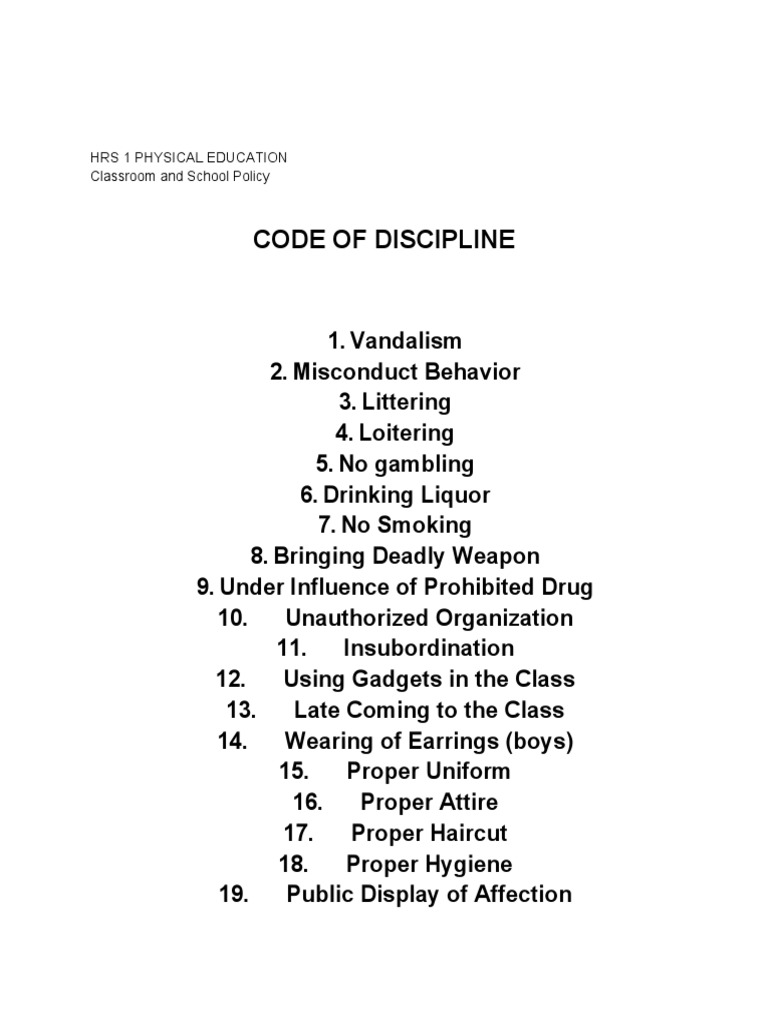Code of Discipline: Hrs 1 Physical Education Classroom and School ...
