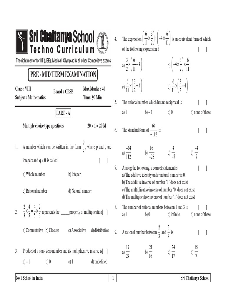 CBSE VIII Class Mathematics Pre Mid Term Question Papers | PDF ...