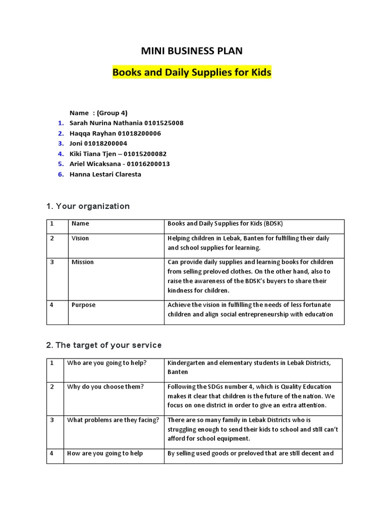 Mini Business Plan Books and Daily Supplies For Kids | PDF ...