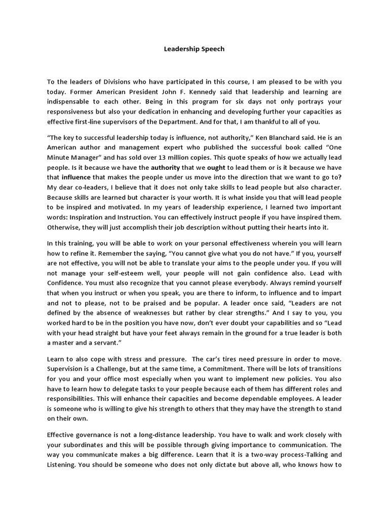 Sample Leadership Speech | PDF | Leadership | Psychology