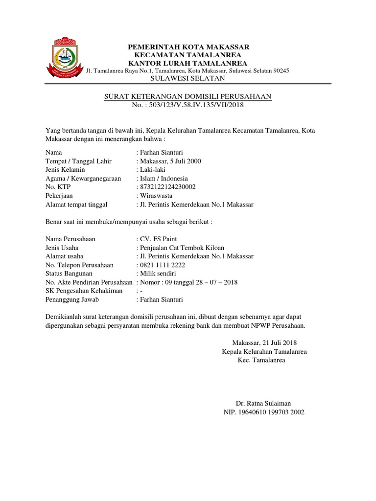 Surat Keterangan Domisili CV. FS Paint | PDF