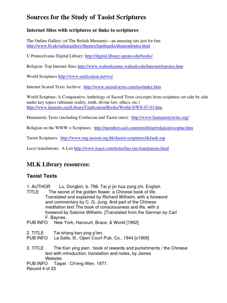 144 Sources For Taoist Scriptures | PDF | Laozi | Tao Te Ching