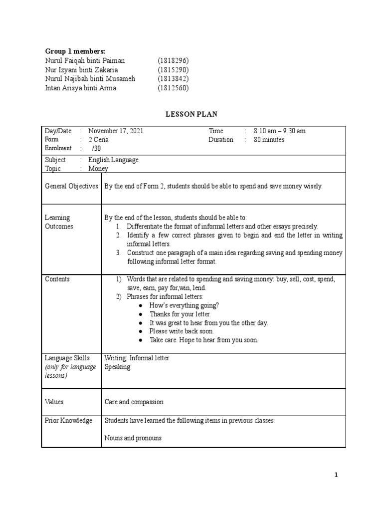 Lesson Plan Mini Teaching-Faiqahs Group | PDF | Essays | Lesson Plan