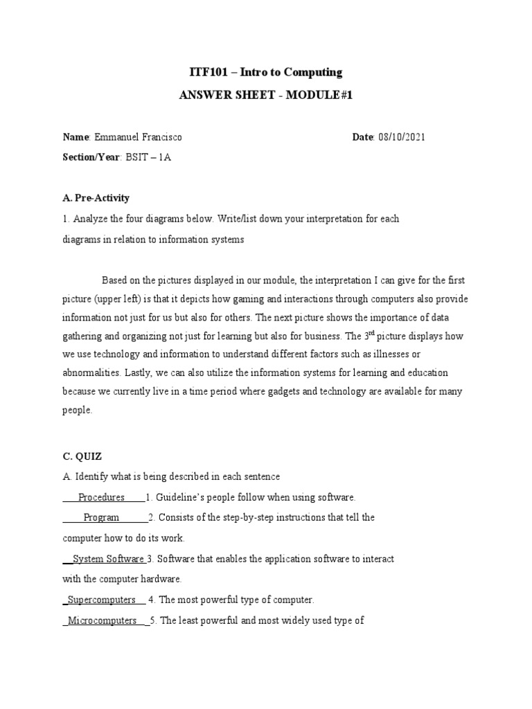 It101 Module 1 Answer Sheet Bsit 1a Emmanuel Francisco | PDF | Software | Application Software