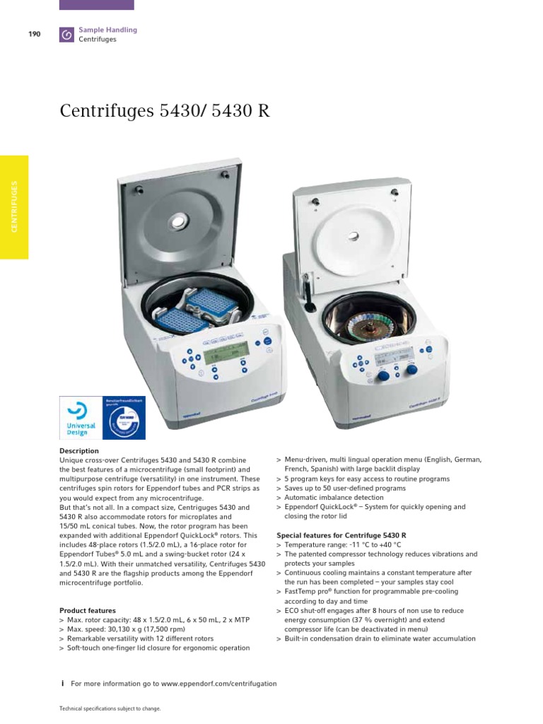 Centrifuges 5430/ 5430 R: Sample Handling | PDF | Centrifugation ...